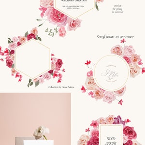 Magenta and Pink Floral Clipart- Watercolor Flower Pink Roses Garden ...