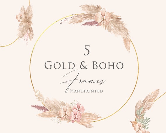 Watercolor Golden Boho Frame elegant Wedding Frame Clipart | Etsy