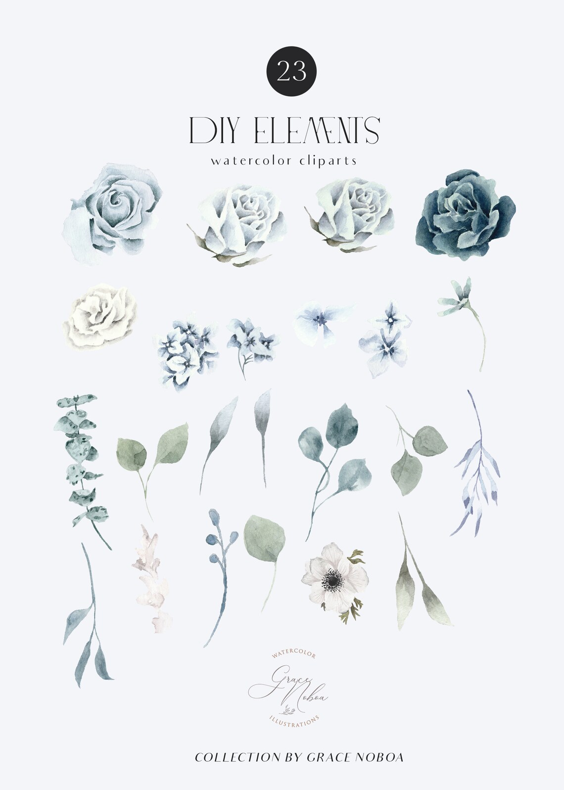 Winter Floral Clipart Dusty Blue Flowers Floral Clipart - Etsy