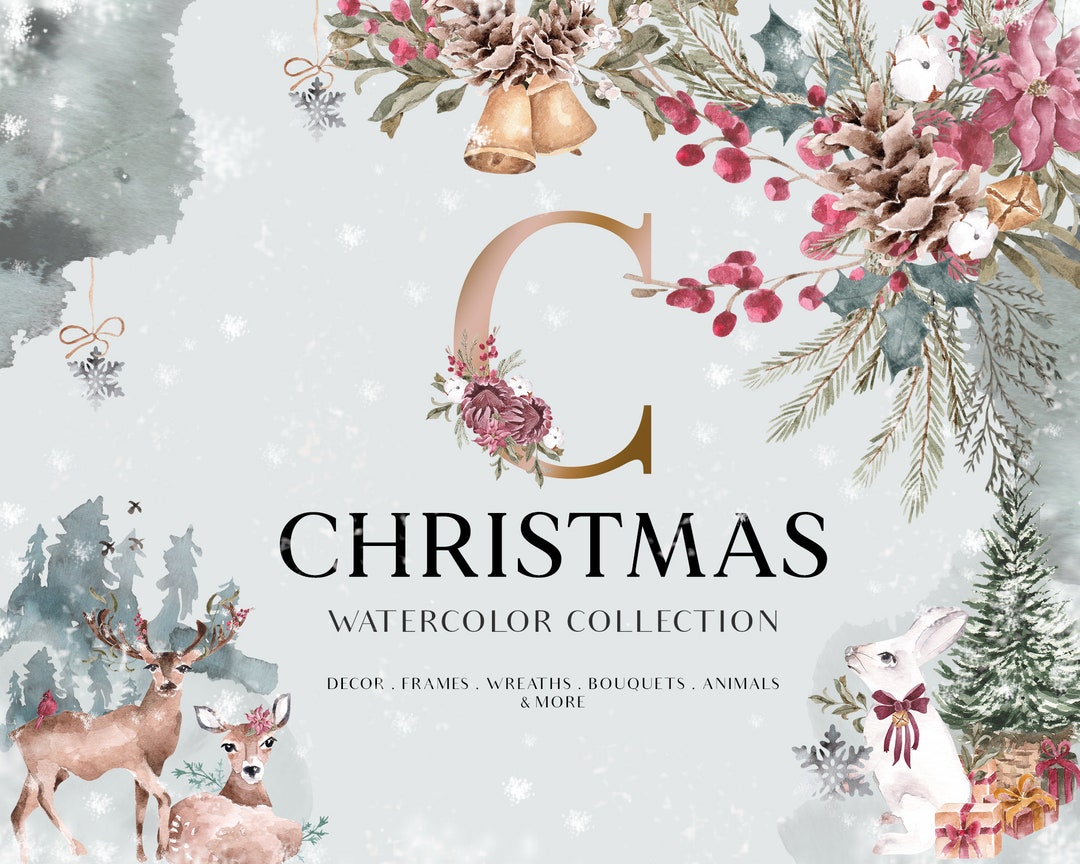 Christmas Winter Watercolor Clipart Holly Bouquet Poinsettia Bouquet ...