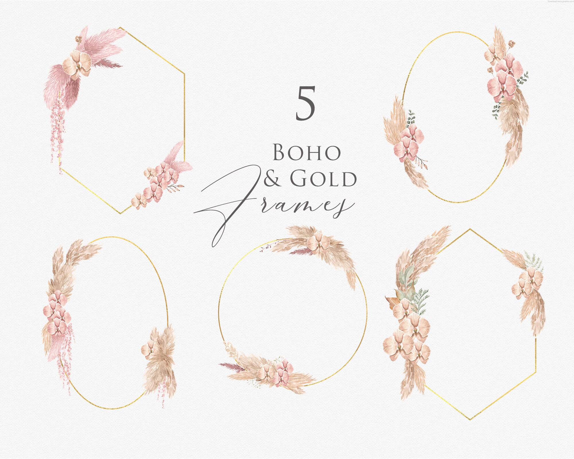 Watercolor Golden Boho Frame elegant Wedding Frame Clipart | Etsy
