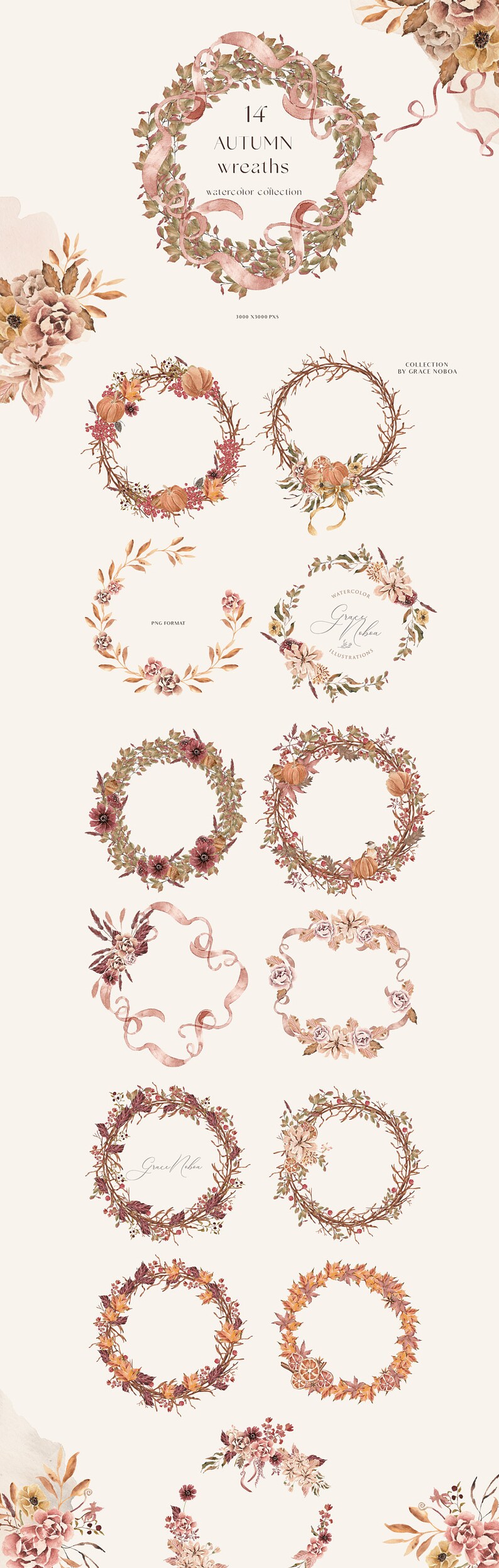 Autumn Watercolor Clipart Fall Floral Png Clip Art Boho - Etsy