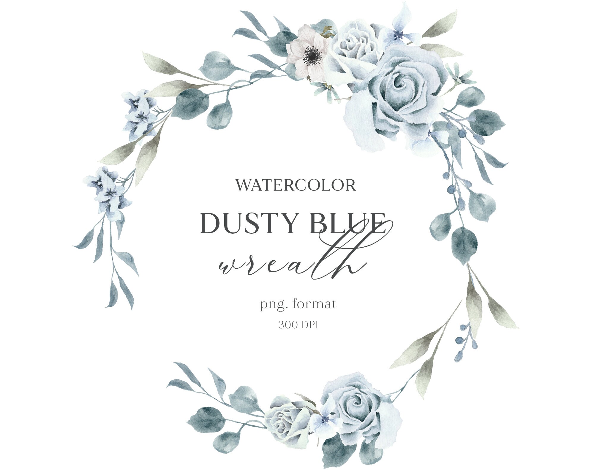 Dusty Blue Watercolor Floral Wreath Something Blue Botanical | Etsy