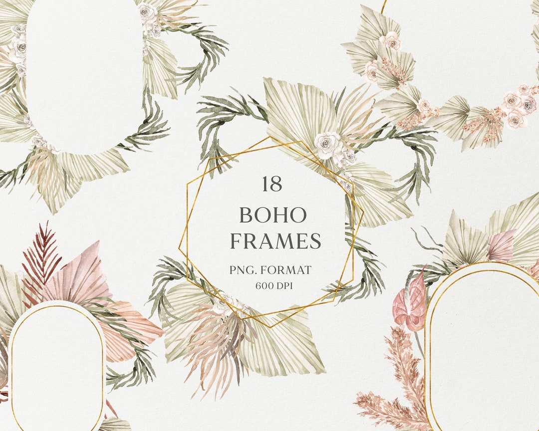 Bohemian Floral Clipart Frame Dried Pampas Grass Clipart Wreath ...