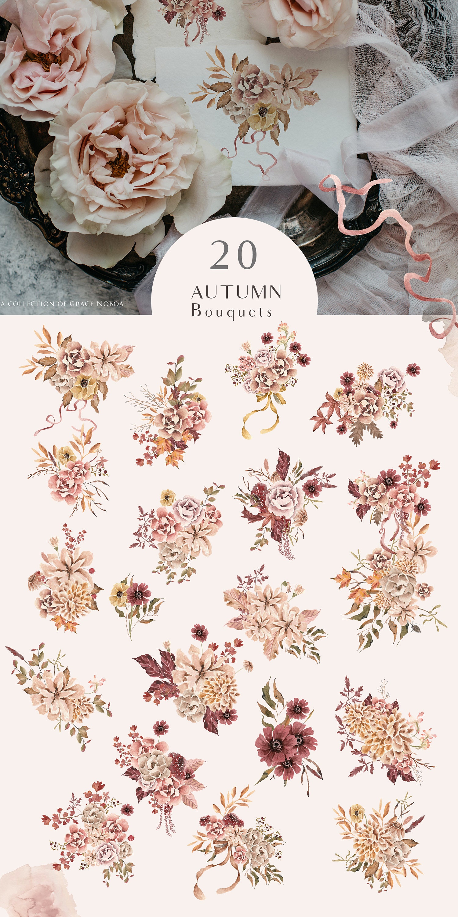 Boho Watercolor Arrangement Bouquet Clipart Set Floral - Etsy