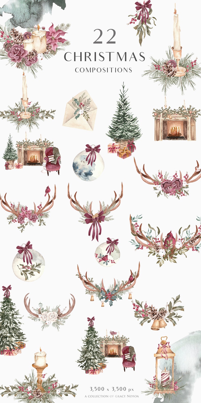 Christmas Watercolor Classic Clipart Decor Vintage Floral - Etsy