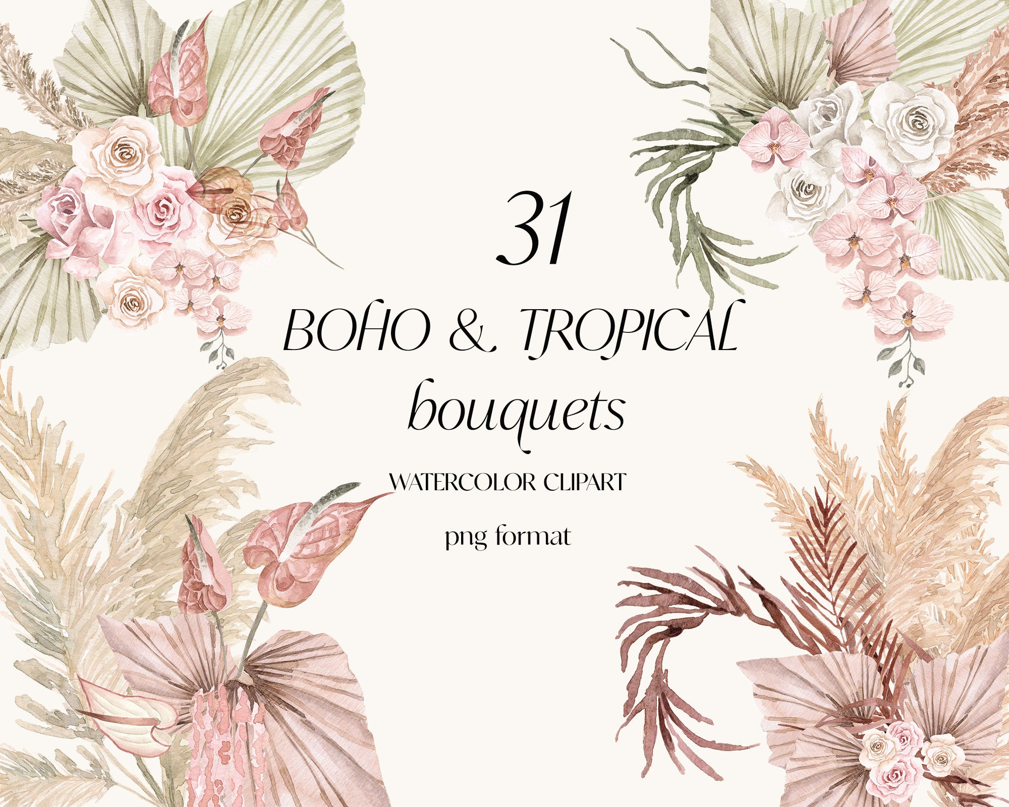 Boho Watercolor Floral Clipart Tropical Watercolor Clipart - Etsy