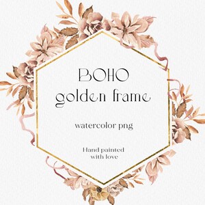 Boho Floral Golden Frame Watercolor Clipart Neutral Tones Bohemian ...