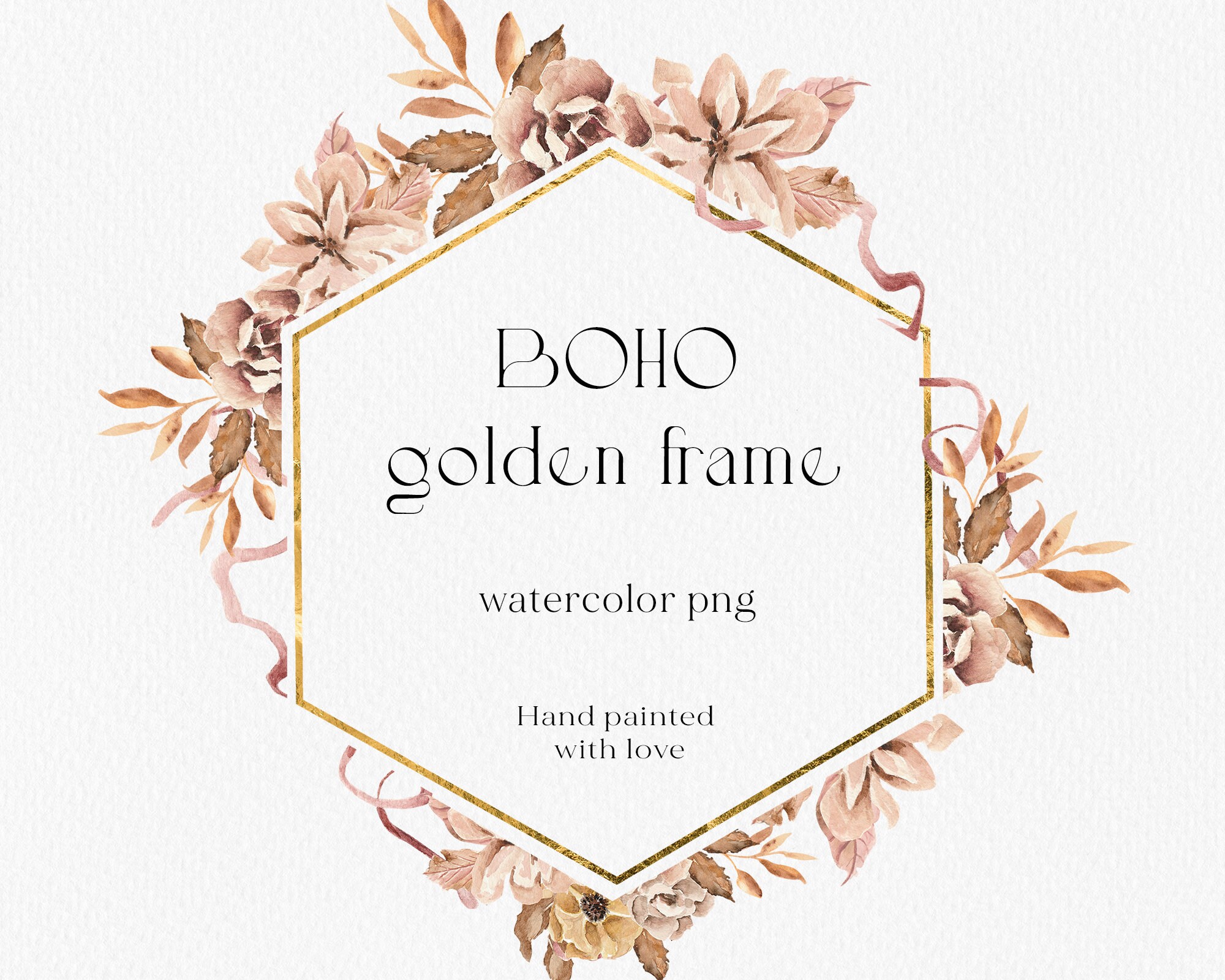 Boho Floral Golden Frame Watercolor clipart Neutral tones | Etsy