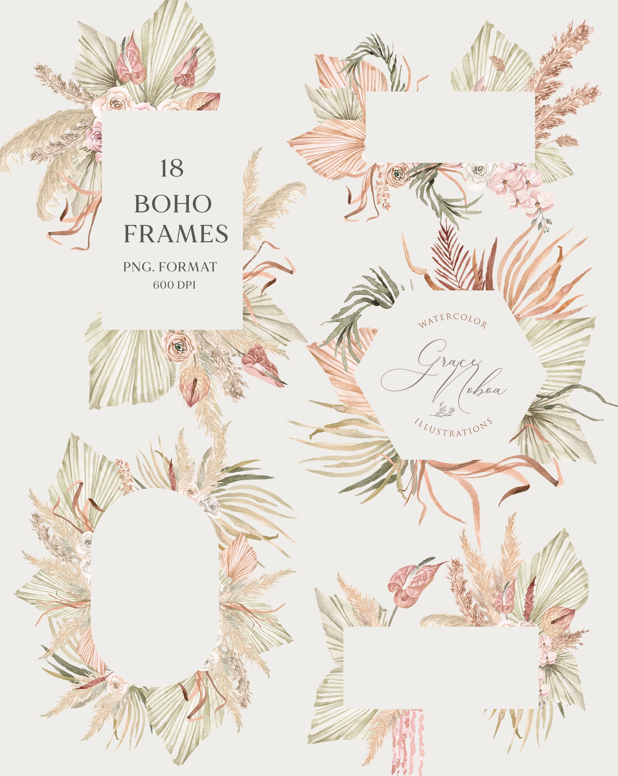 Bohemian Floral Clipart Frame Dried Pampas Grass Clipart - Etsy