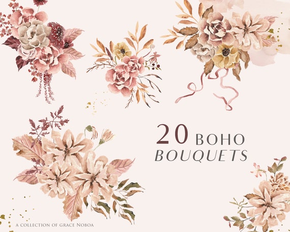 Boho Watercolor Arrangement Bouquet Clipart Set Floral | Etsy