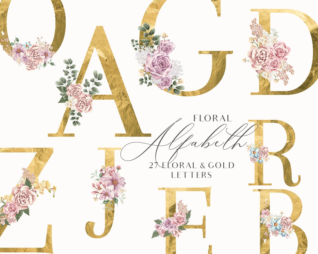 Floral Spring Golden Alphabet Watercolor Wedding Letters Clipart-gold ...