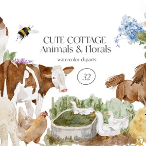 Watercolor Farm Animals Clipart- Cow Nursery Clipart- Horse Pig Duck ...