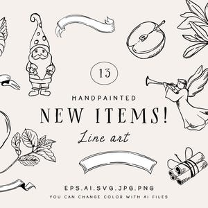 Whimsical Christmas Line Art Clipart- Holiday Season Hand Draw Doodle ...