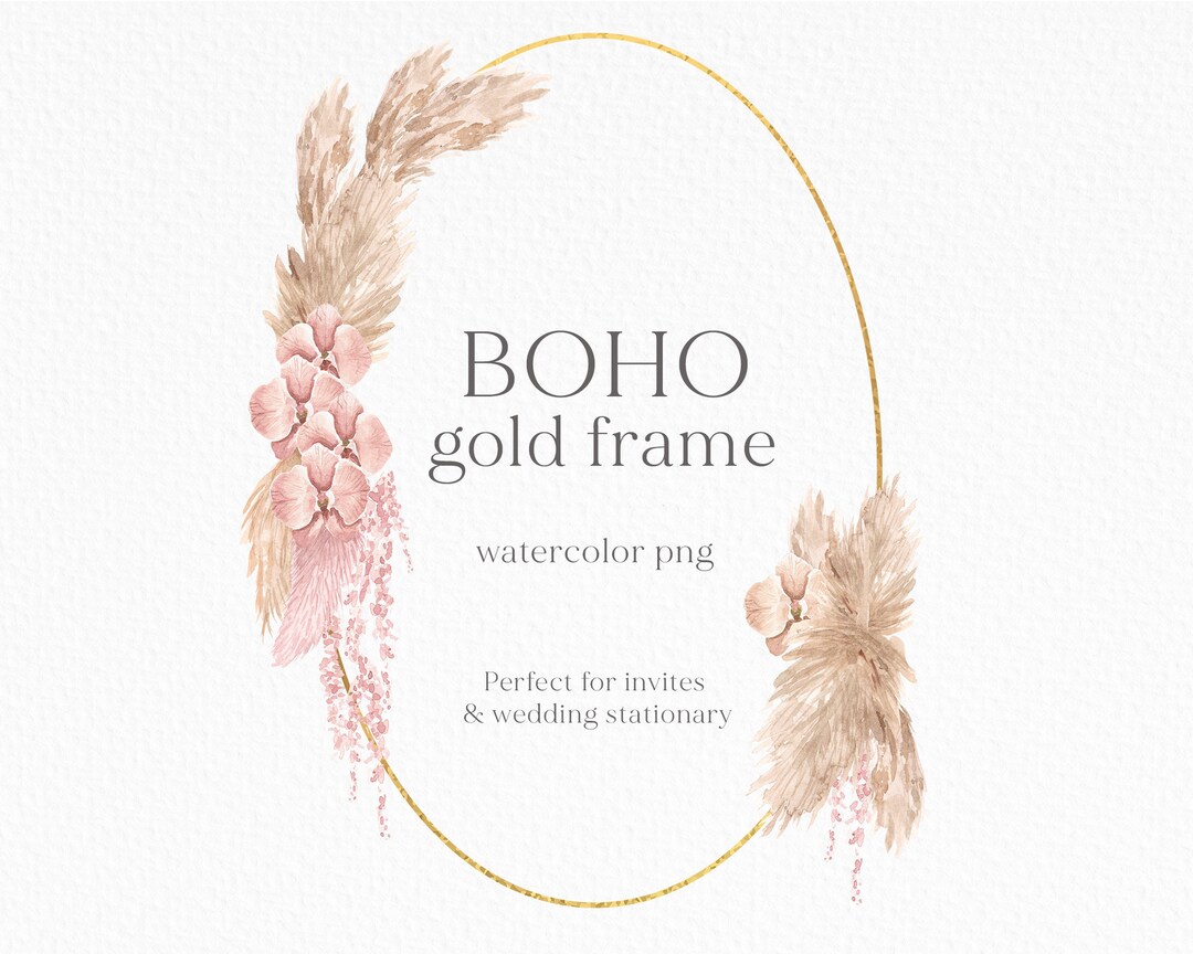 Boho Floral Frame Watercolor Golden Frame Wreath Orchid Neutral ...