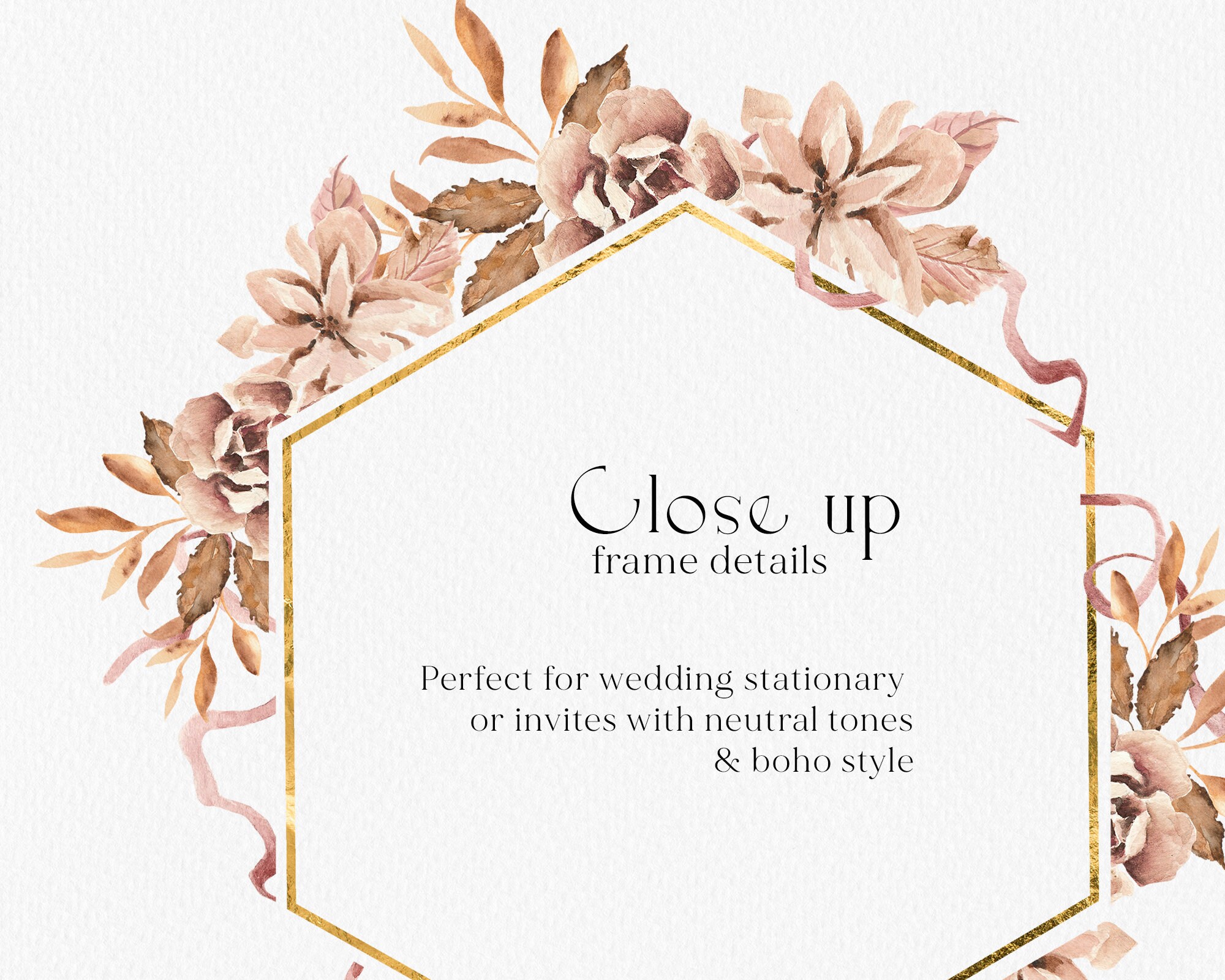 Boho Floral Golden Frame Watercolor clipart Neutral tones | Etsy