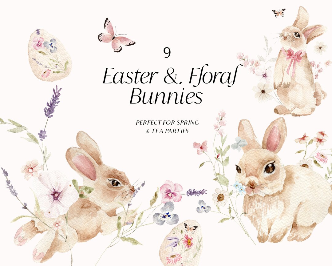 Watercolor Bunny Clipart- Watercolor Wildflower Clipart- Spring Summer ...