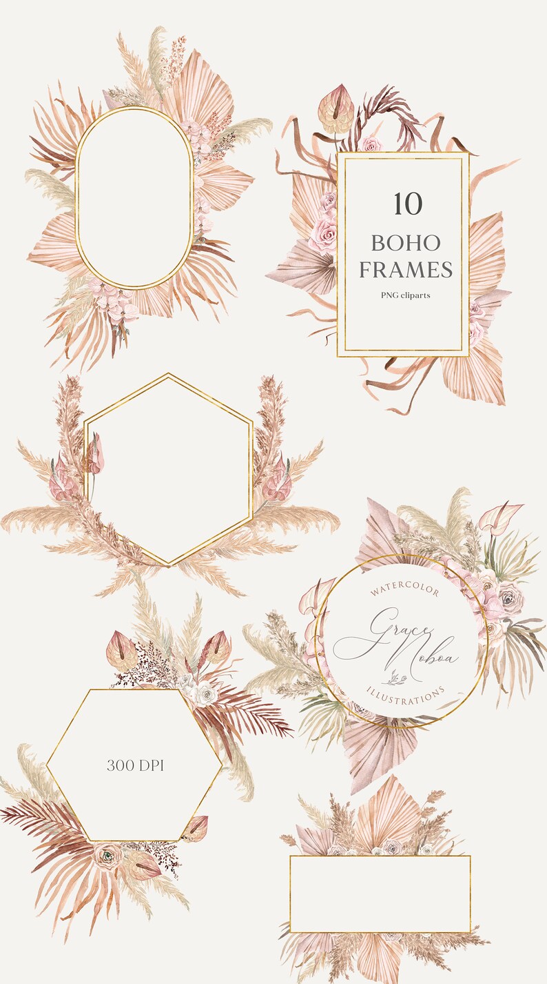 Bohemian Floral Clipart Frame Dried Pampas Grass Clipart | Etsy