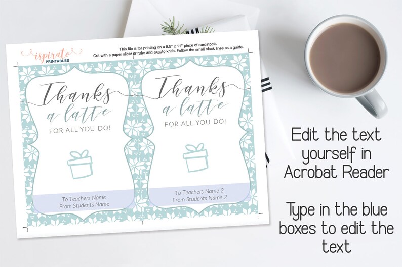 Thank a latte printable Teacher gift card holder printable | Etsy