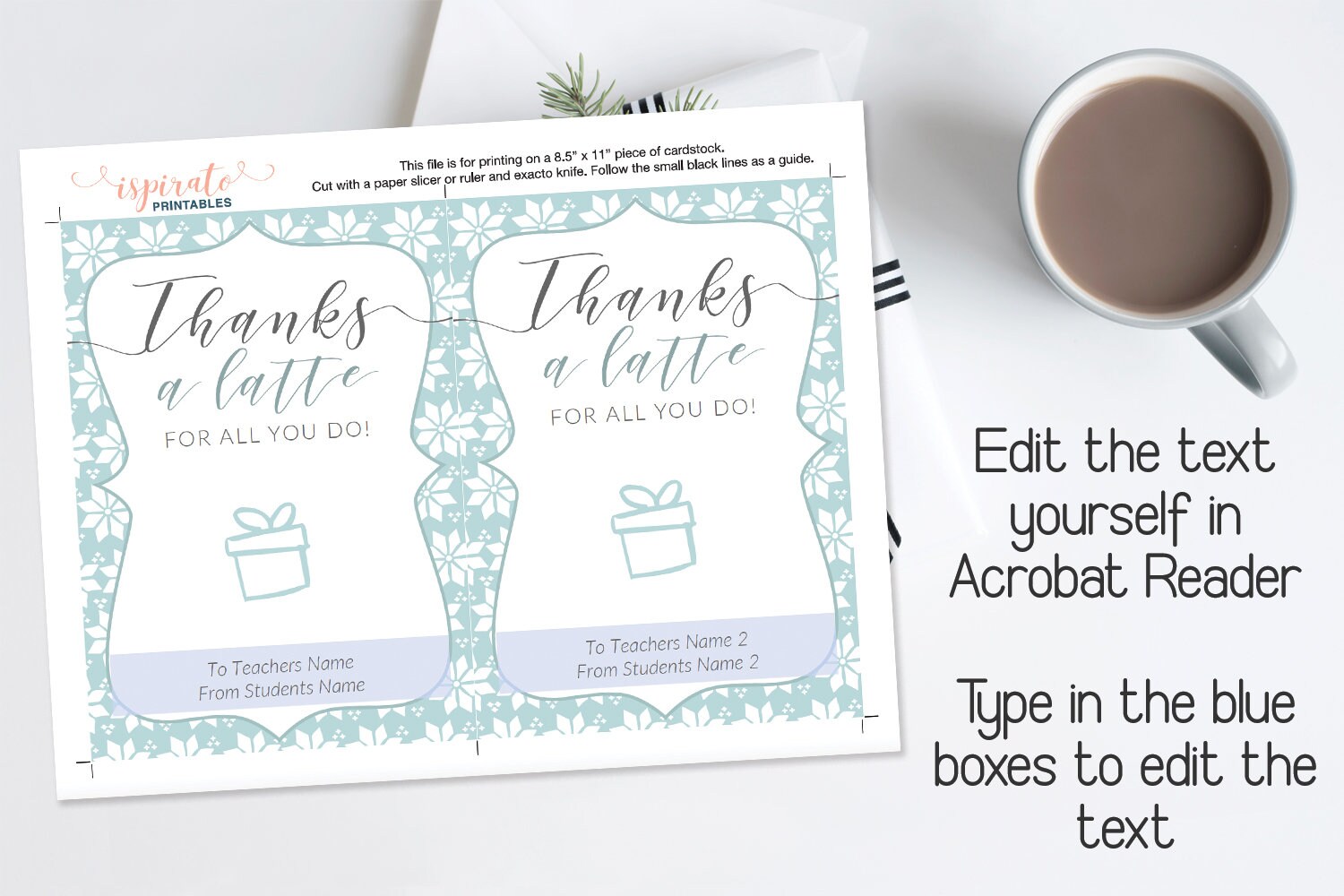 Thank a Latte Printable Teacher Gift Card Holder Printable - Etsy