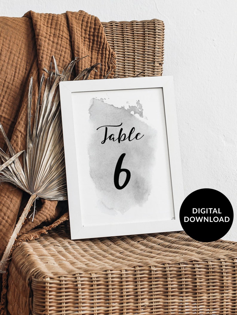 Gray Watercolor Table Number Template in a Digital Download | Etsy