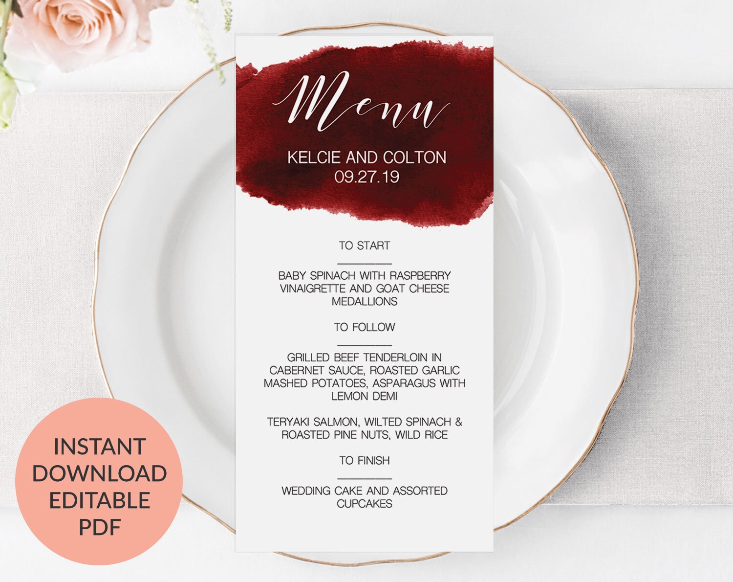 Wedding Menu Printable Template Burgundy Wedding Menu Maroon | Etsy