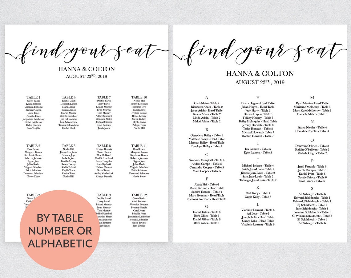 Seating Chart Template Modern Calligraphy Editable & - Etsy Canada