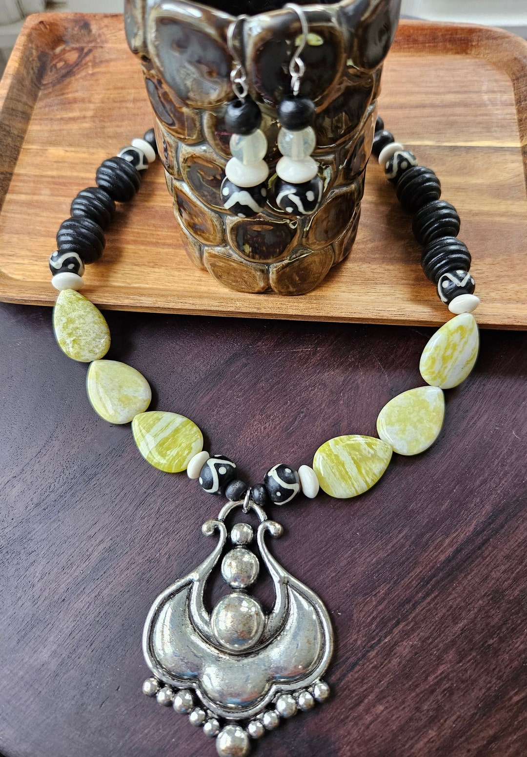 Batik Bone Jasper Wood Statement Necklace Set, Tribal Necklace, Ethnic ...