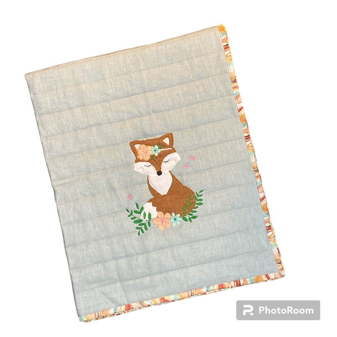Personalized Boho Floral Fox Baby Quilt, Applique Quilt, Embroidered ...