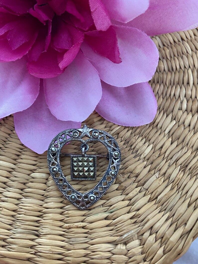 Vintage Sterling Silver Marcasite Heart Pin Brooch - Etsy
