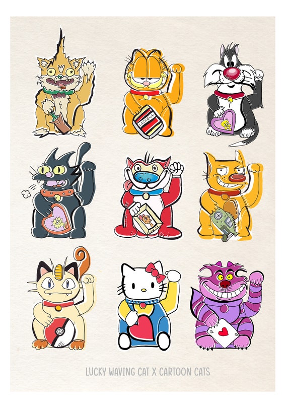 Lucky Waving Famous Cartoon Cats Print A4 Etsy UK