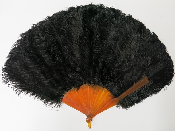 ANTIQUE OSTRICH FAN - French 19th century black feath… - Gem