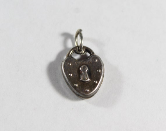Antique Sterling Silver Lock Heart Shape Small Pendant - Gem