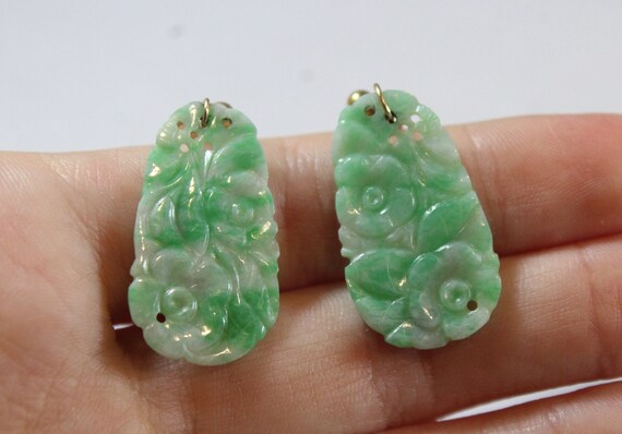 Antique Chinese 14k Gold Carved Flower Natural Jadeit… - Gem