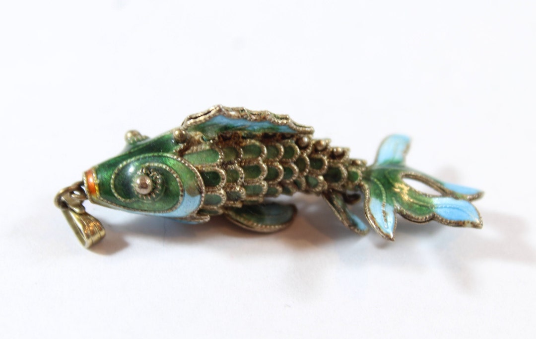 Vintage Sterling Silver Chinese Articulated Green Enamel Fish Pendant ...