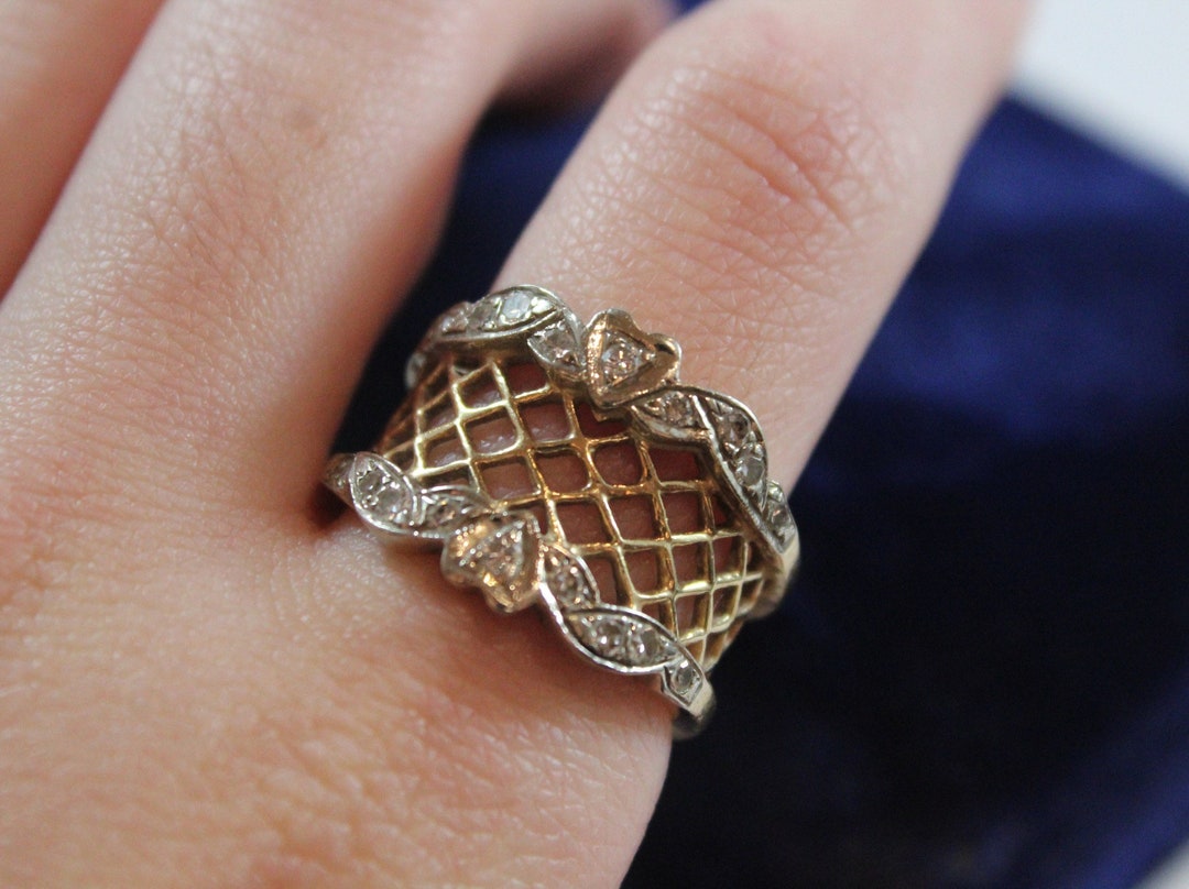 Vintage 14k Gold Net Pattern Natural Diamond Ring 7.25US - Etsy