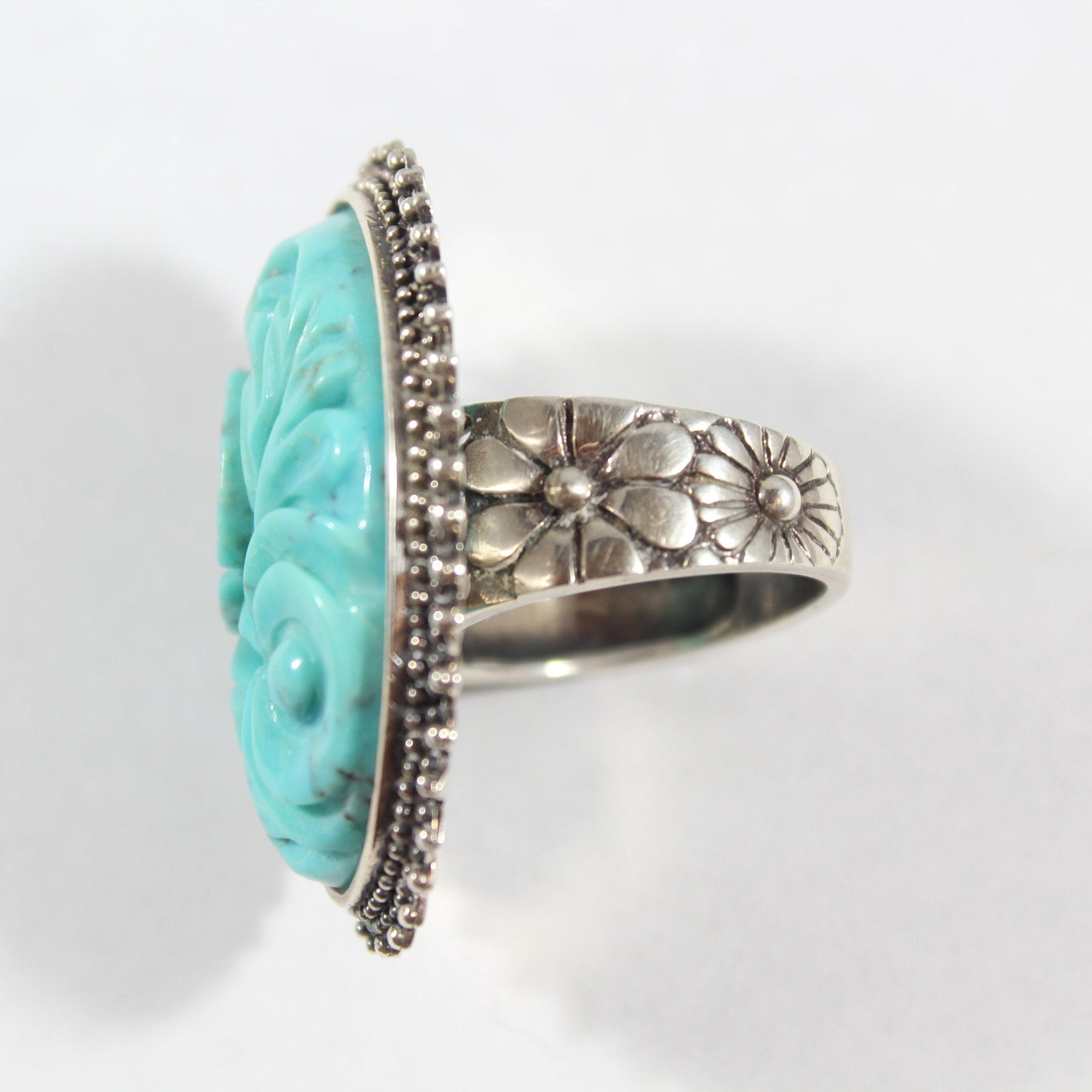 Vintage Sterling Silver Carved Turquoise Ring 7.5US - Etsy Australia