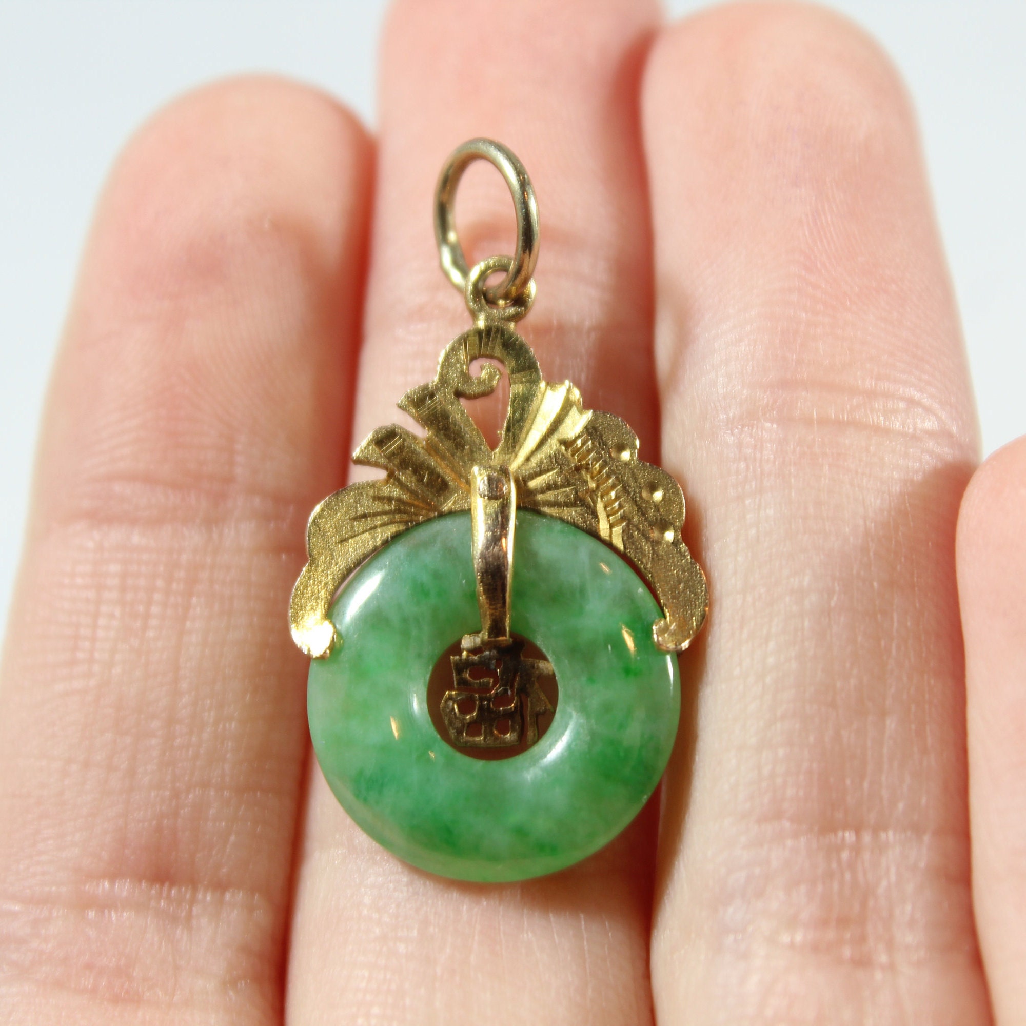 Vintage 22k Gold Chinese Character "fu" Natural Green Disk Jadeite ...