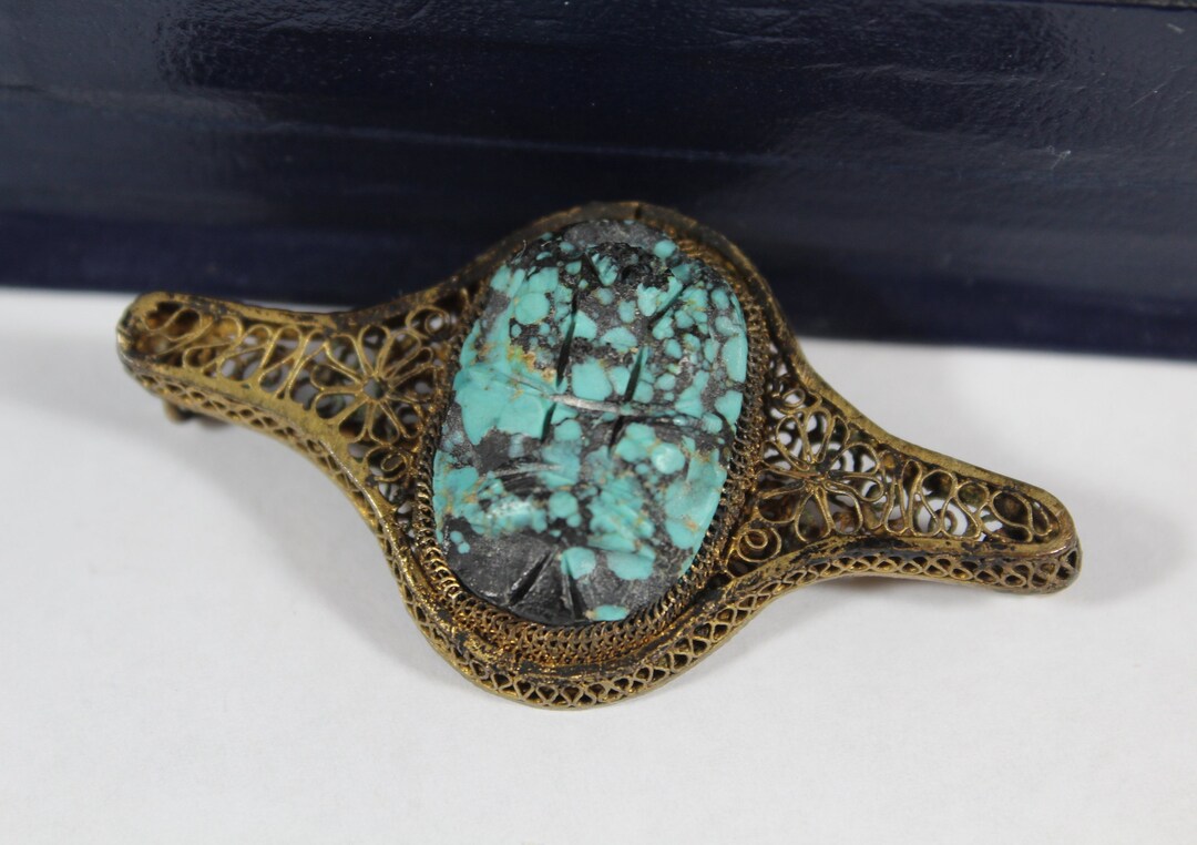 Antique Chinese Filigree Carved Scarab Natural Turquoise Pin Brooch - Etsy