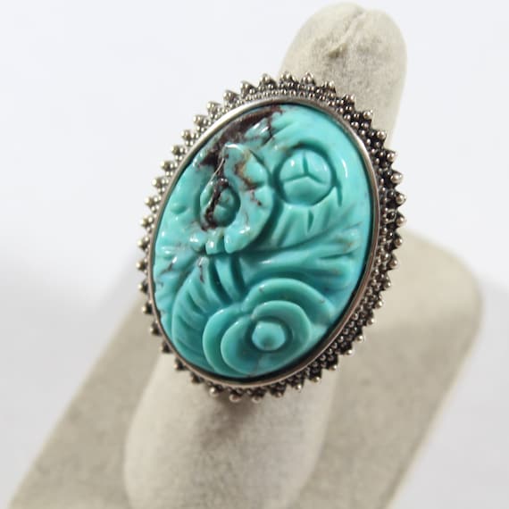 Vintage Sterling Silver Carved Turquoise Ring 7.5US | Etsy