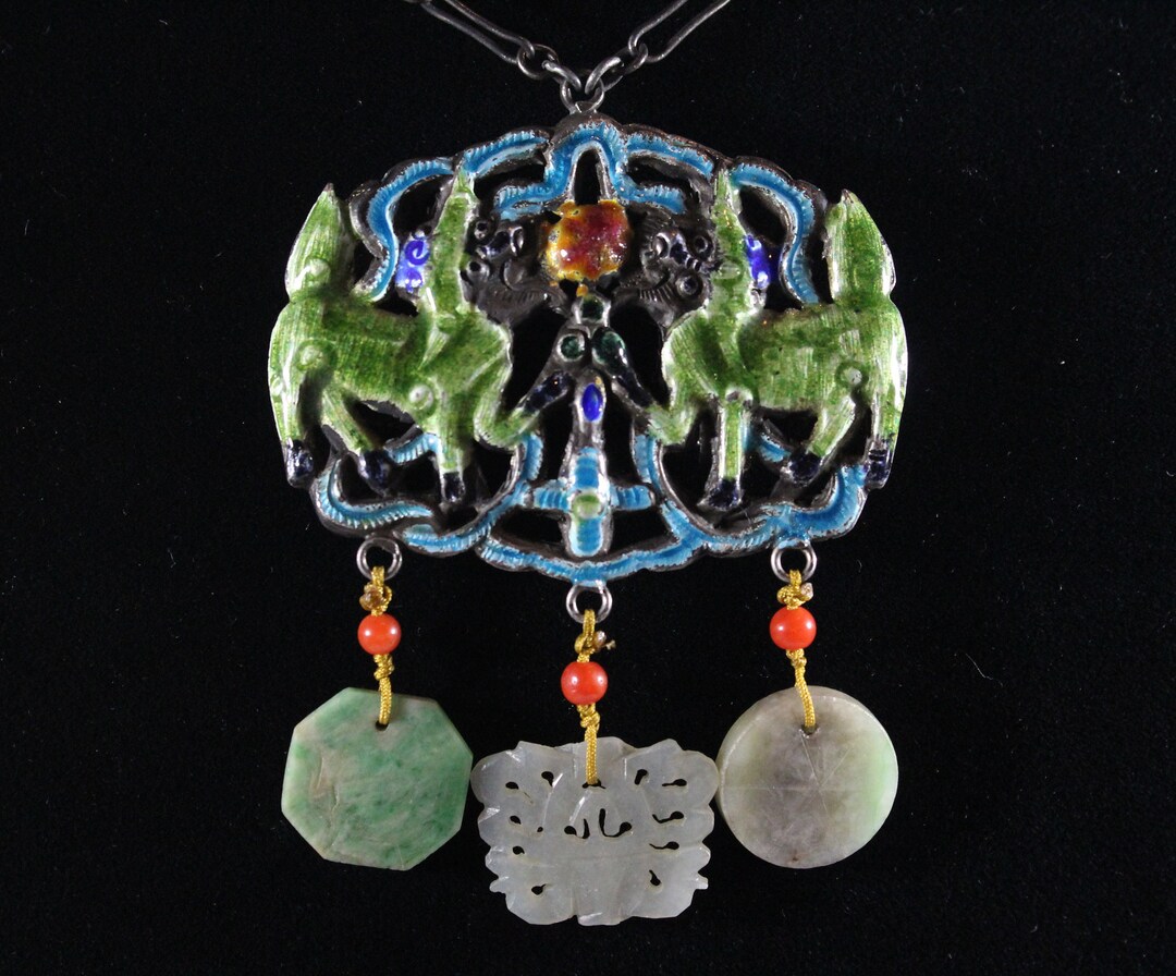 Antique Chinese Sterling Silver Qilin Enamel Natural Coral With Jade ...