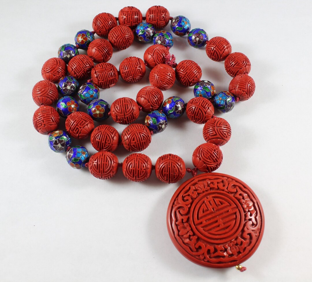 Vintage Chinese Symbol shou Cinnabar With Cloisonne Hand Knot Beaded ...