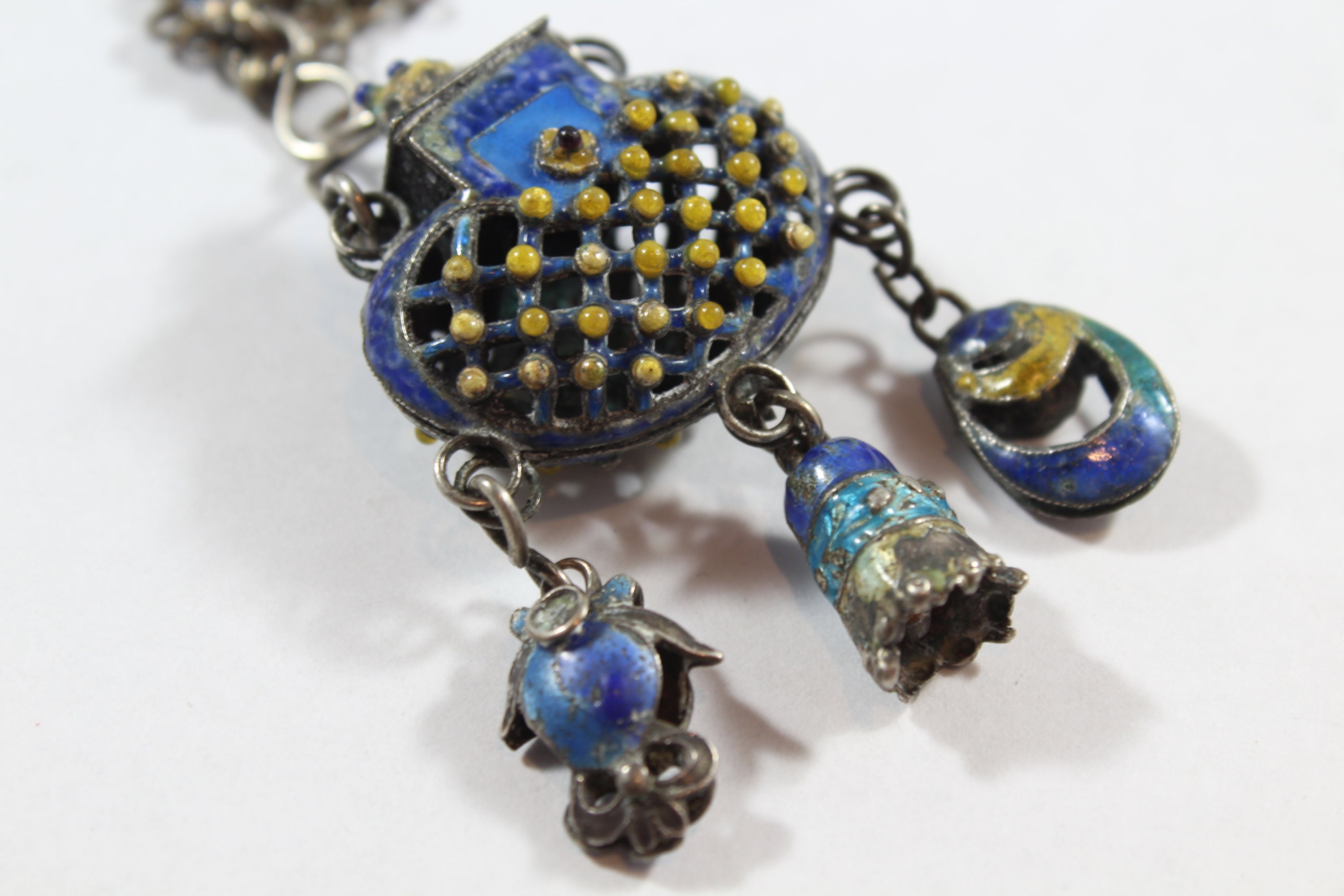 Antique Chinese Multicolor Silver Enamel Bell and Fish and Etc ...