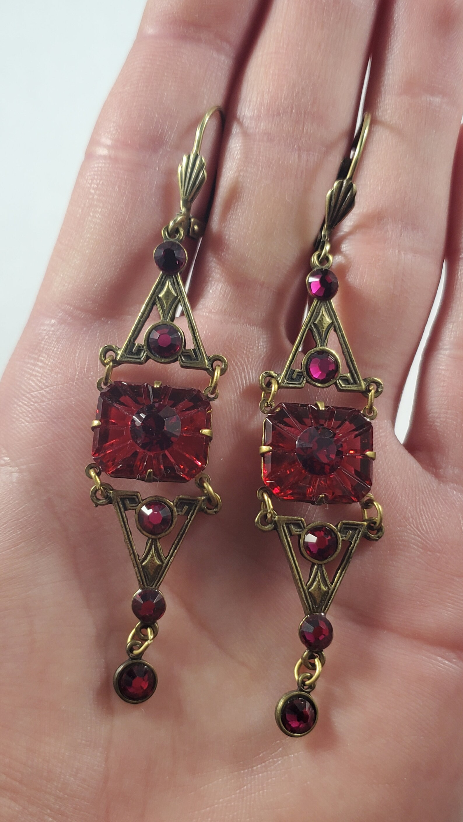 Vintage Anne Kopik Magenta Red Glass Crystal Brass Earrings - Etsy