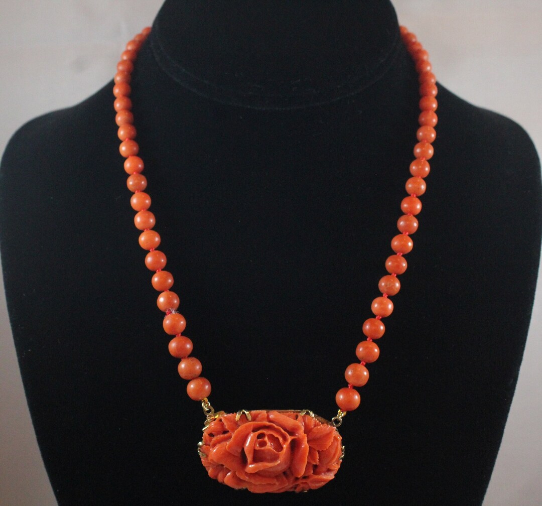 Vintage 14k Gold Chinese Carved Rose Flower With Leaf Natural Orange ...