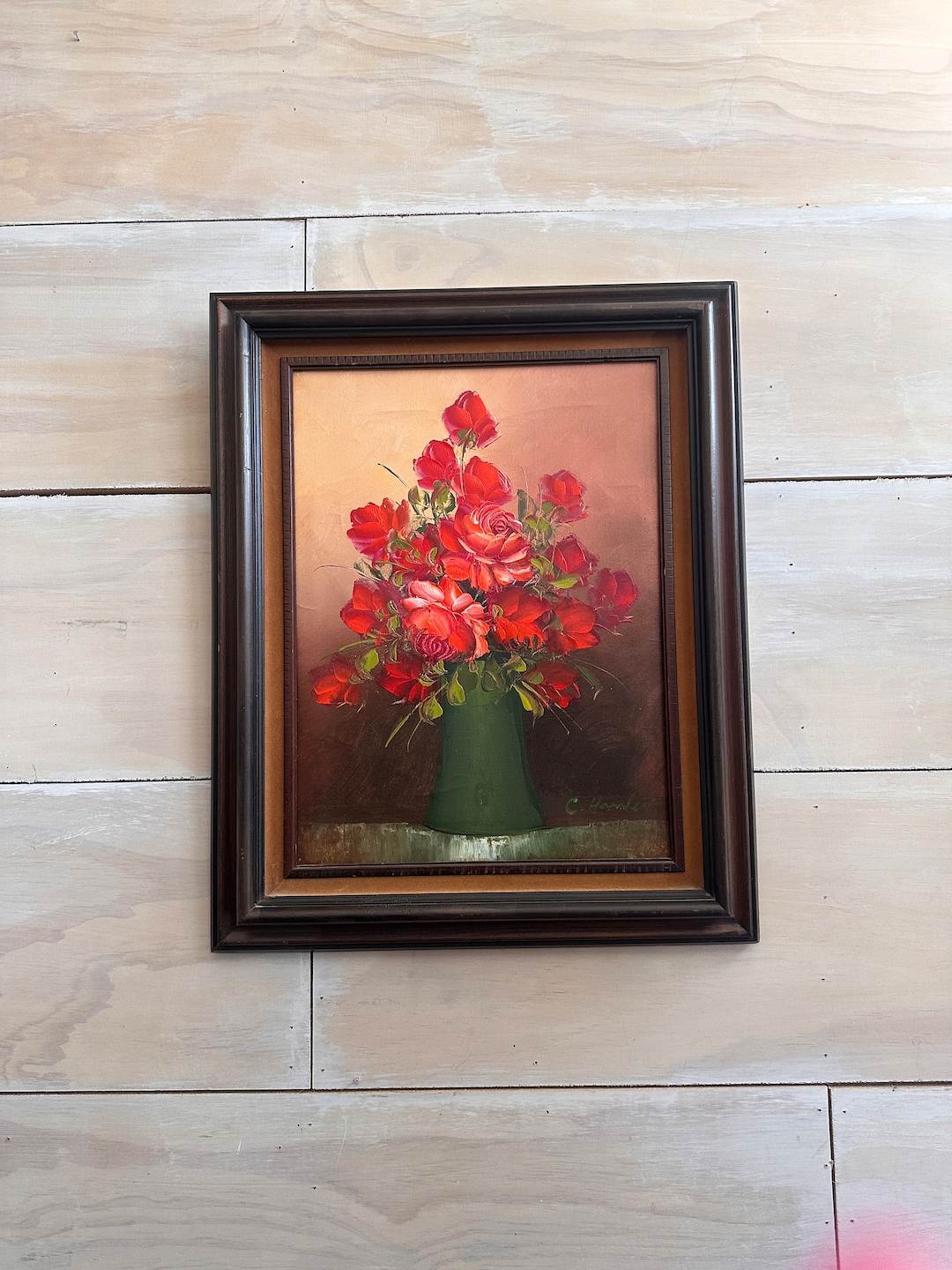 Vintage Painting Red Roses in Green Vase Acrylic - Etsy