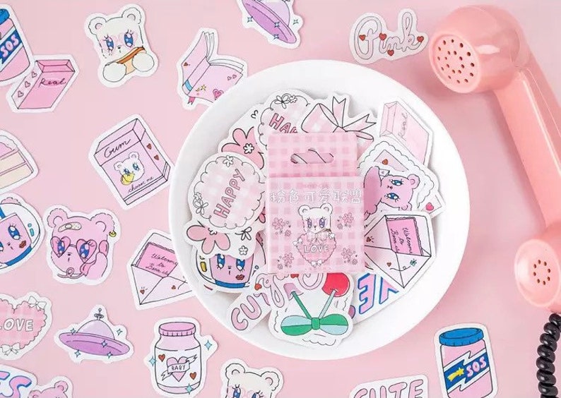 Kawaii Pink Cute Team Stickers Packet, Kawaii Stickers, Sticker Flakes ...