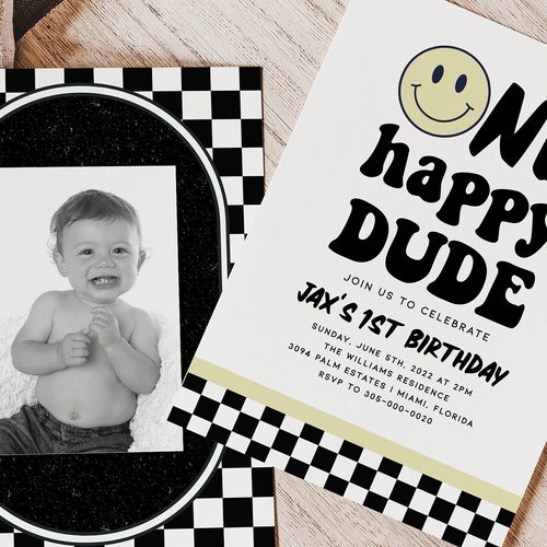 Checkered Smiley Face 1st Birthday Invitation Editable Retro - Etsy