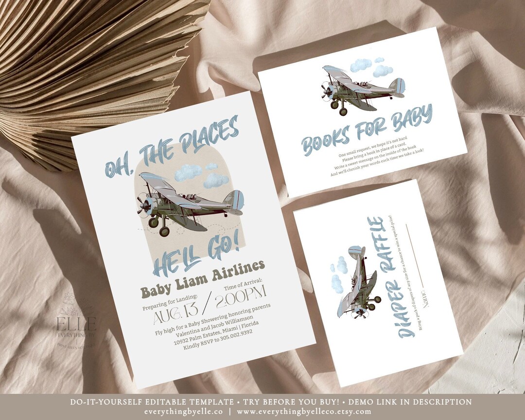 Airplane Baby Shower Invitation Suite Editable, Vintage Airplane Oh the ...