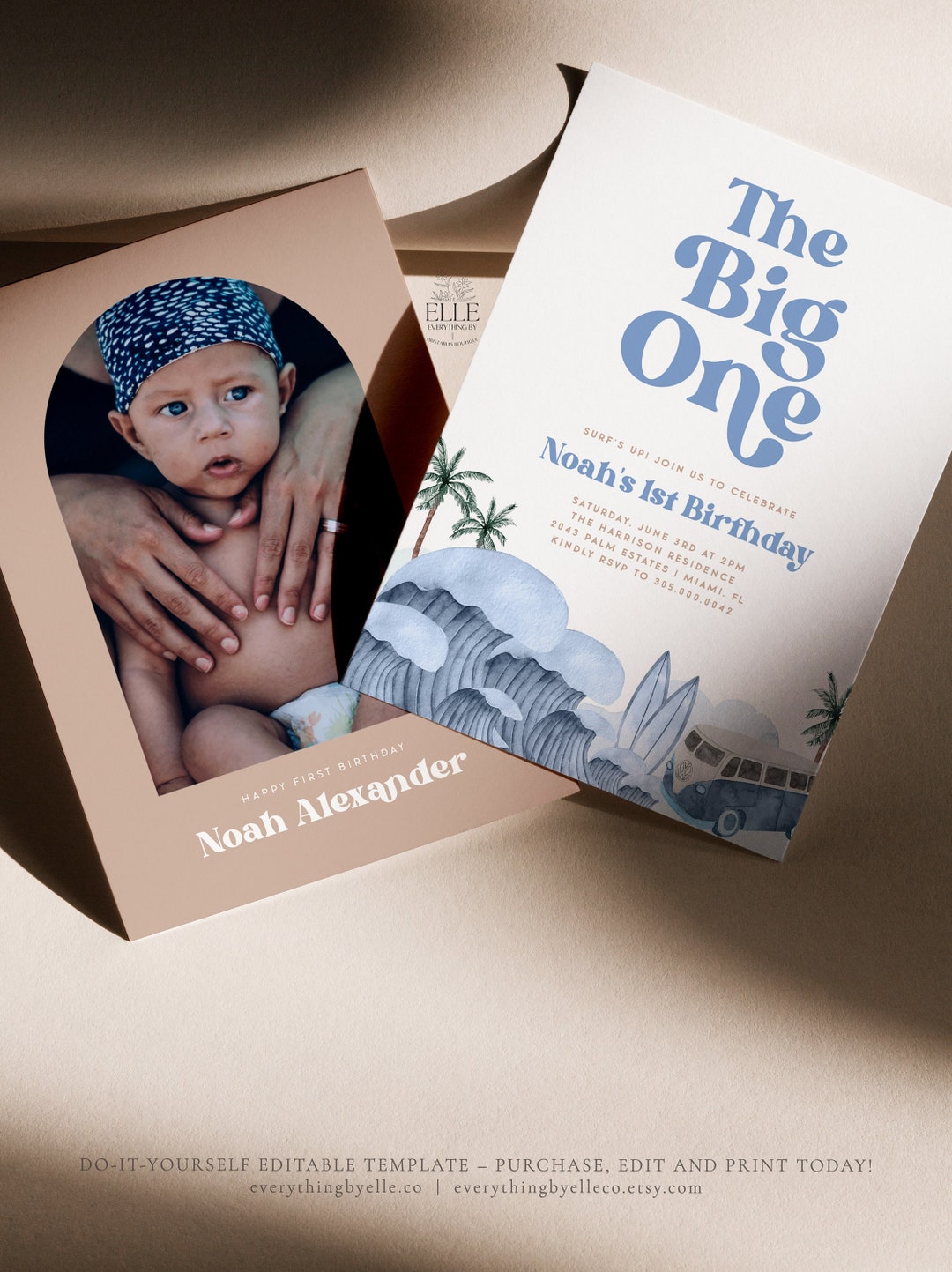 The Big ONE Birthday Invitation Editable, Blue Surf 1st Birthday Invite ...
